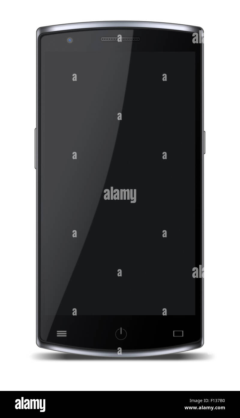 Modern mobile phone with black screen and shadows isolated on white ...