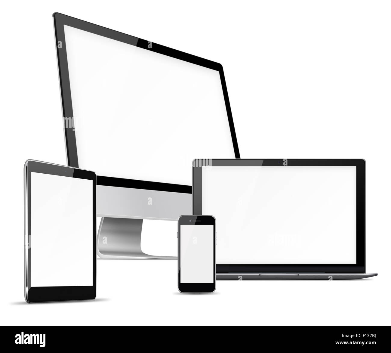 Computer monitor, mobile phone, laptop and tablet pc with blank screen ...