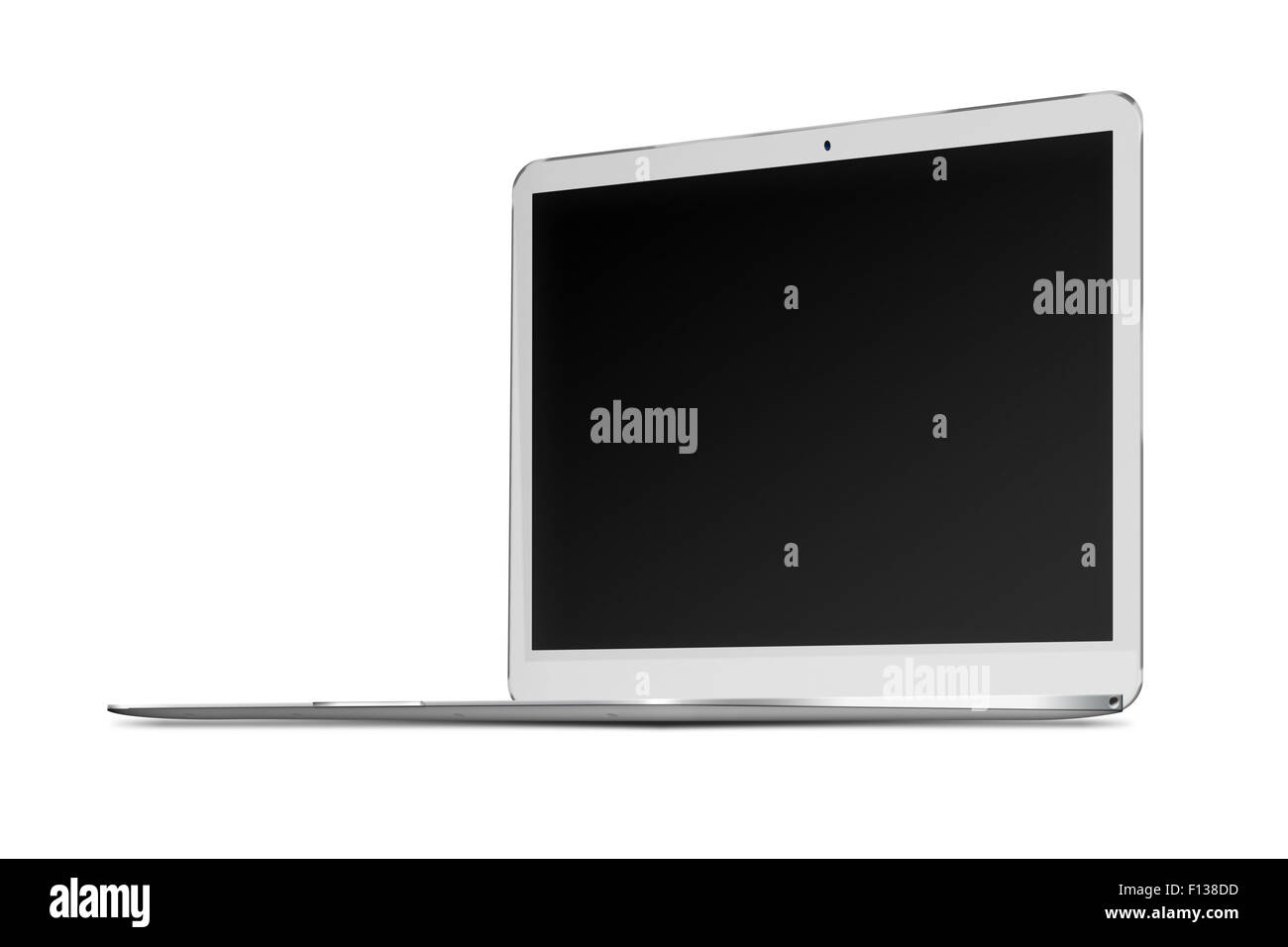 Modern laptop with black screen and shadows isolated on white ...