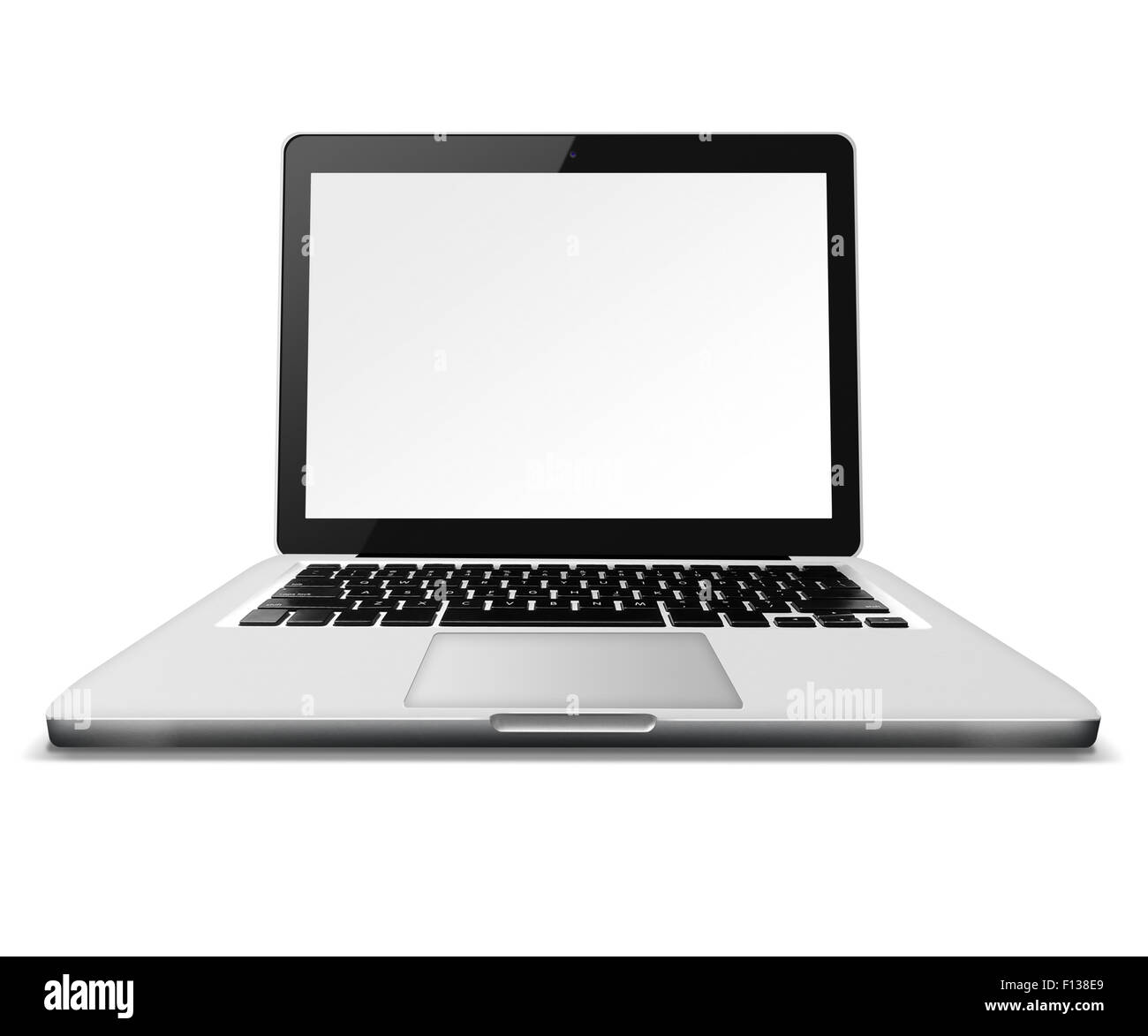 Modern glossy laptop with blank screen and shadows isolated on white ...