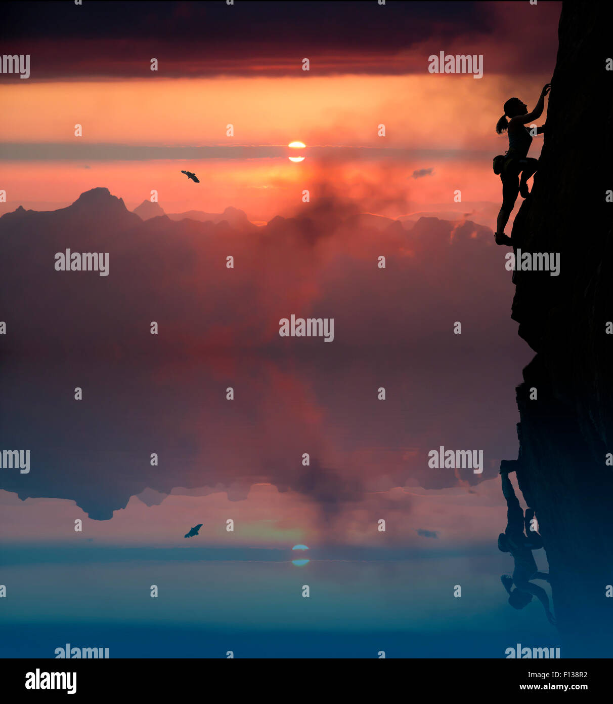 Female rock climber and mountain sunset Stock Photo - Alamy