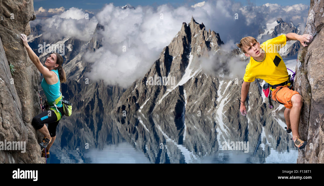 Two extreme climbers hanging on cliff over the lake Stock Photo - Alamy