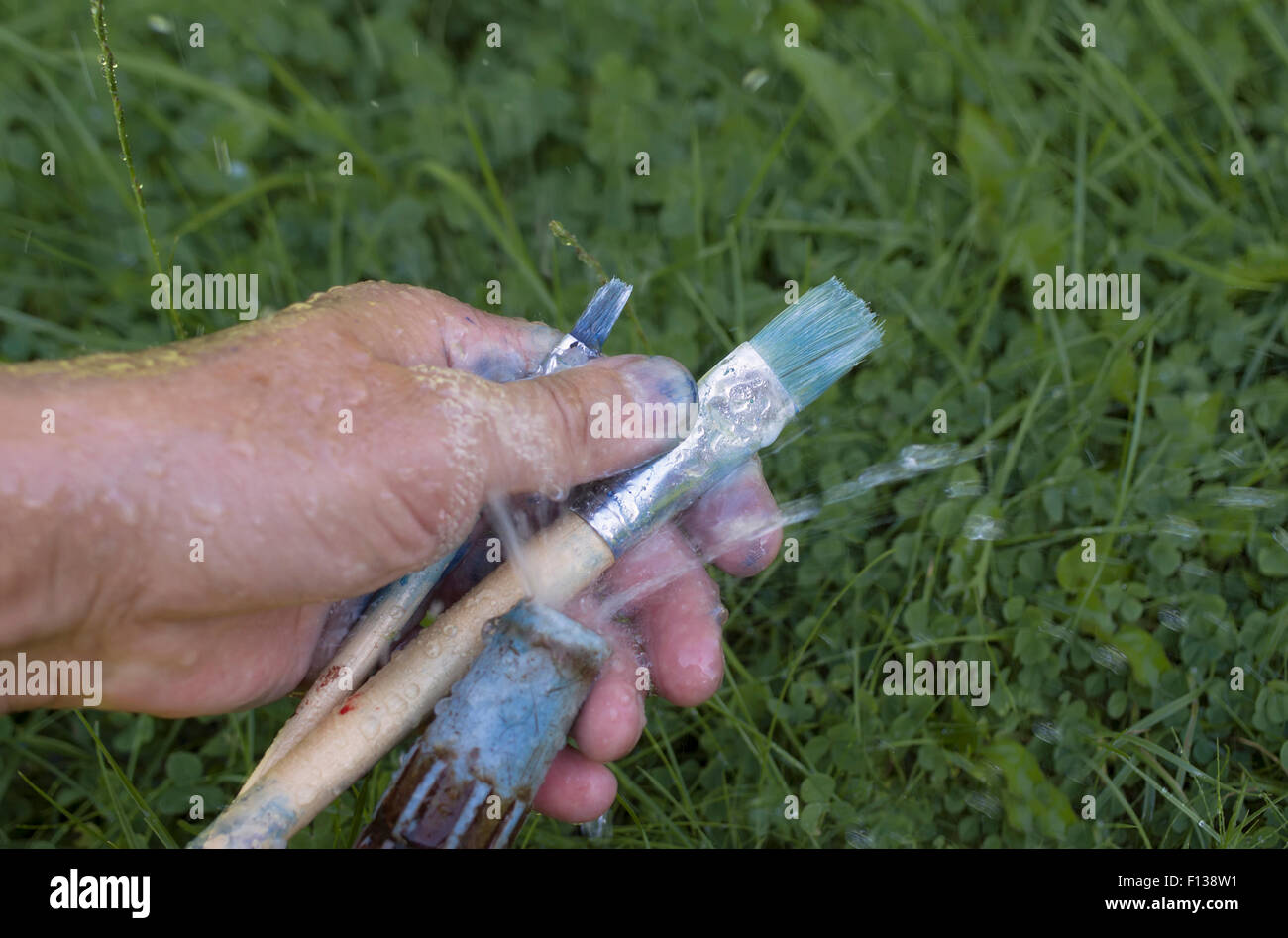 Artist washing paintbrushes Stock Photo - Alamy