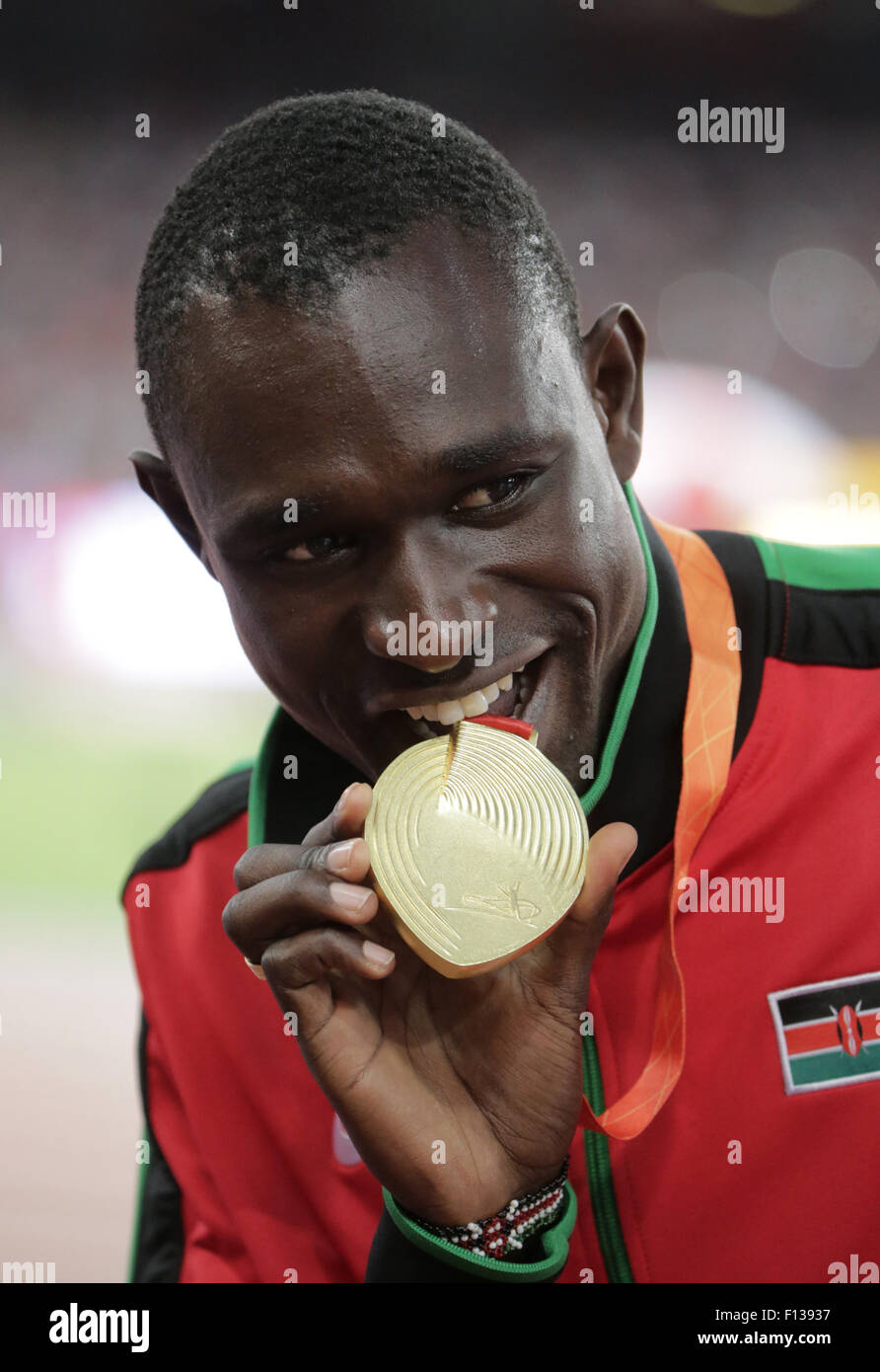 Beijing, China. 26th Aug, 2015. David Rudisha of Kenya poses with his ...