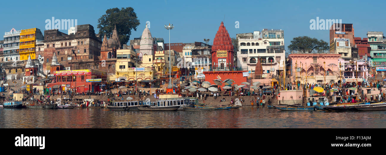 Panoramic of Varanasi and the River Ganges, considered the holiest city ...