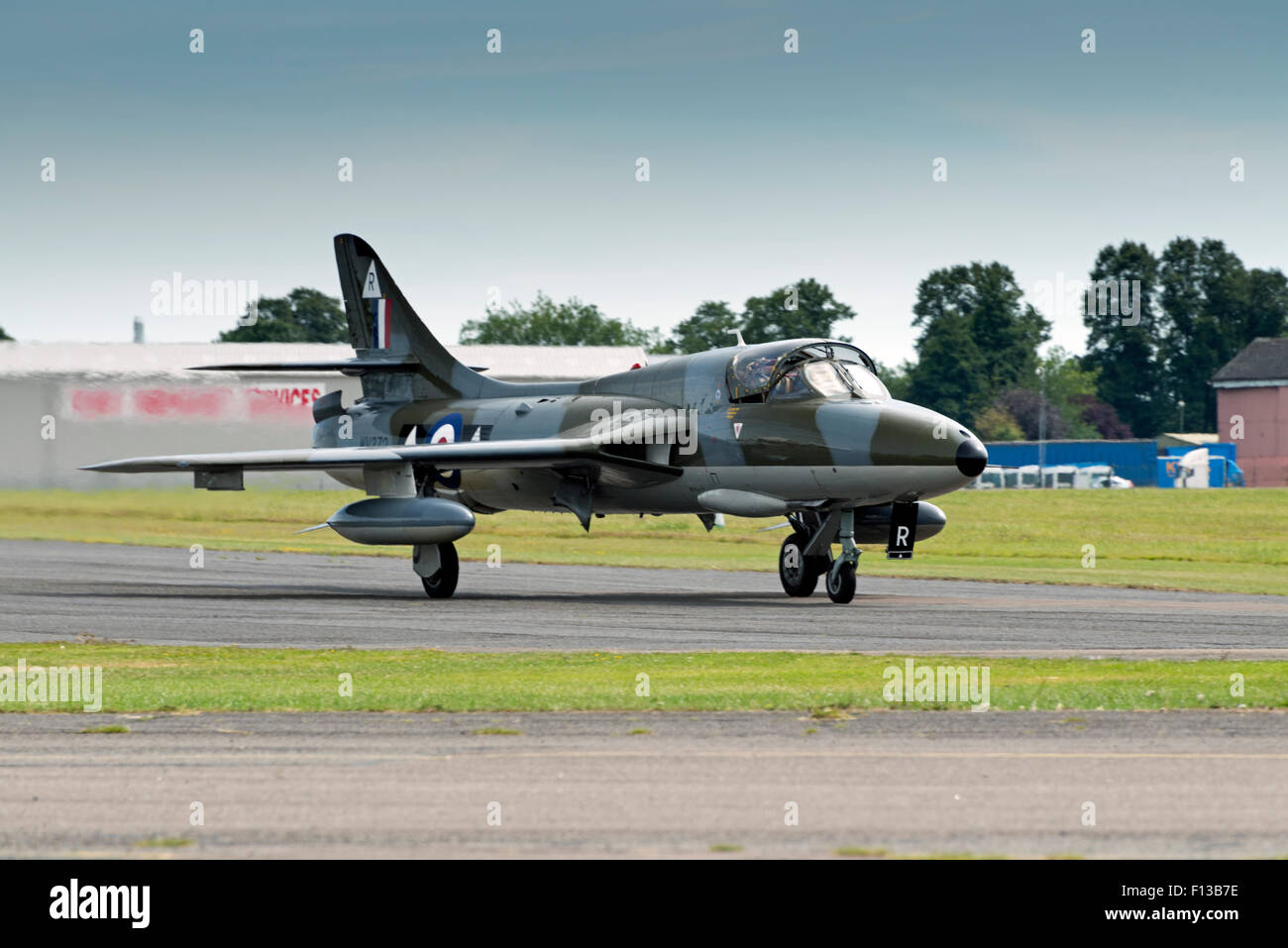 Hawker Hunter jet preparing to take off at Essex Airfield Stock Photo ...
