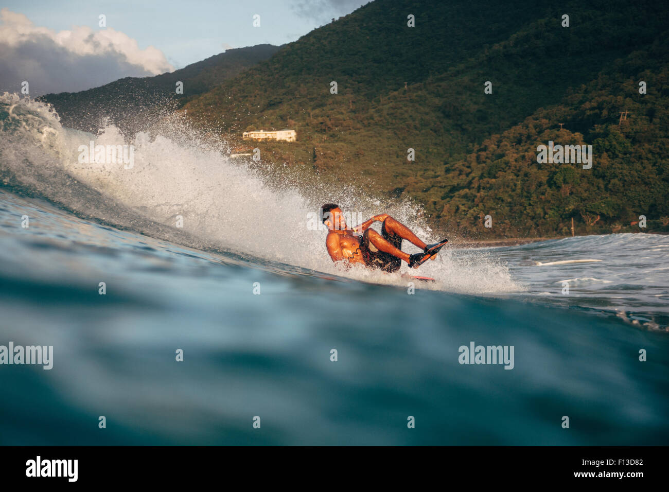 Man bodyboarding in the Caribbean Sea, British Virgin Islands, USA ...