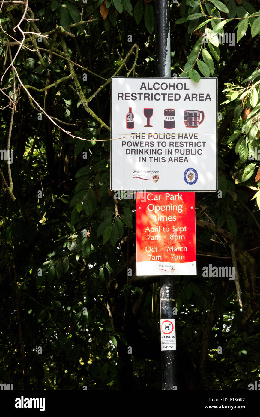 An Alcohol restricted area sign at Tettenhall Pool Wolverhampton UK ...