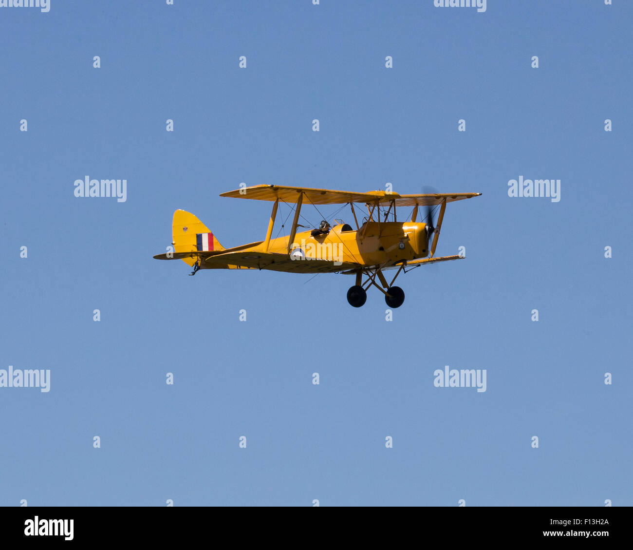 A Tiger Moth biplane aircraft painted in RAF trainer yellow flying at ...