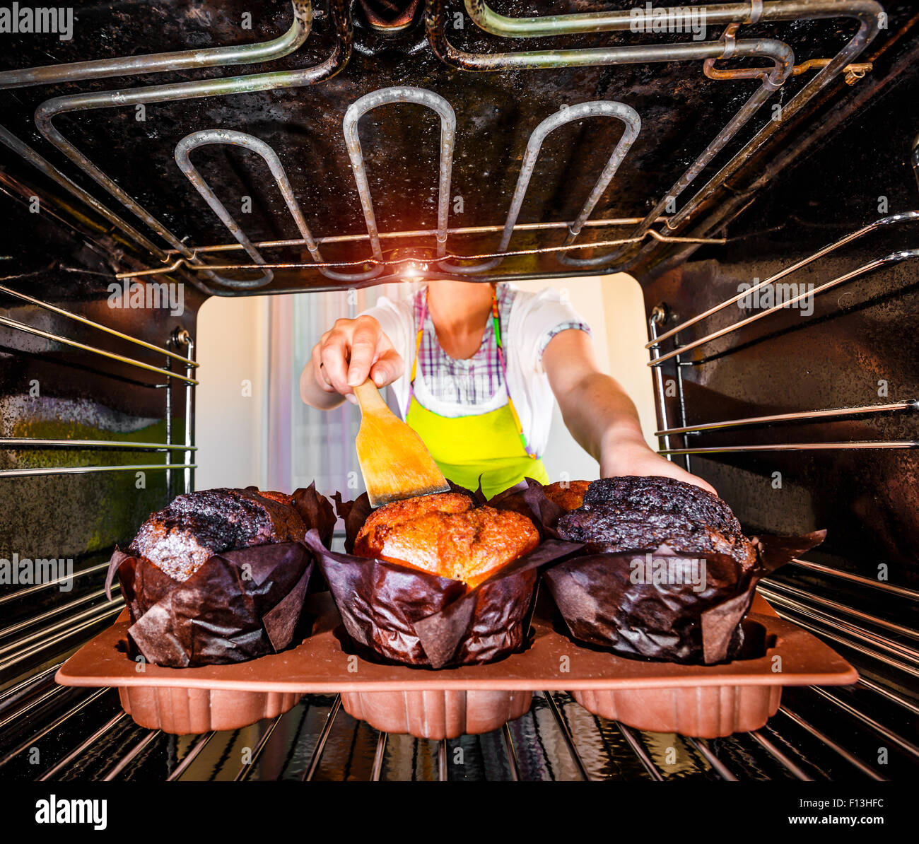 Baking muffins in the oven, view from the inside of the oven. Cooking ...
