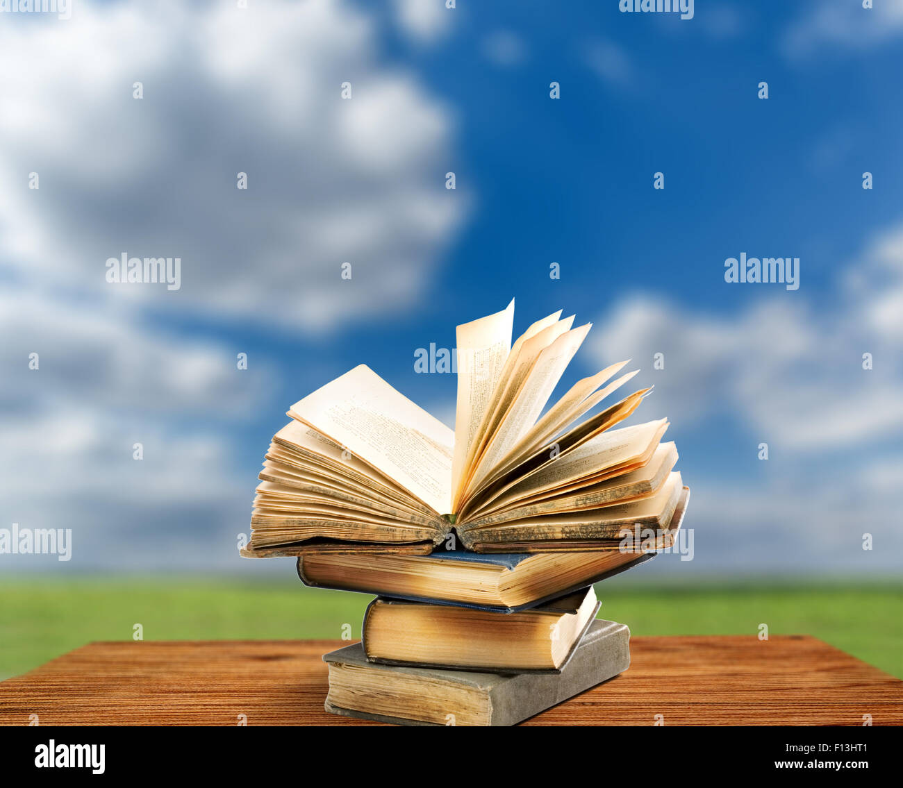 Pile of old books on sky background Stock Photo - Alamy