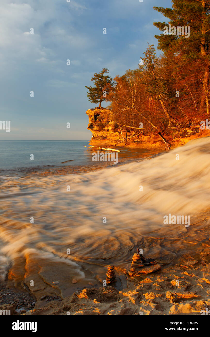 Chapel River waterfall and Chapel Rock from Pictured Rocks National ...