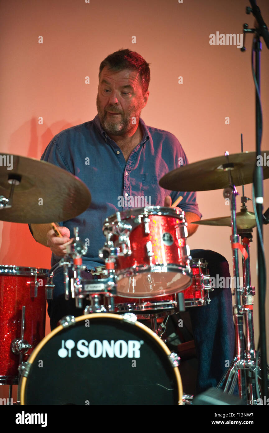 Drummer with Gareth Williams Power Trio performing on stage at Brecon ...