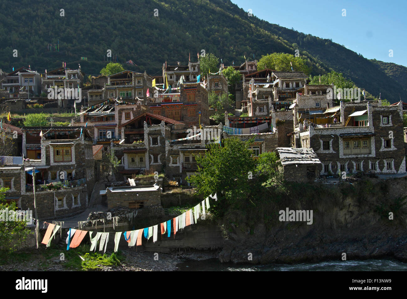 Barkam town, with prayer flags. Capital of Ngawa Tibetan and Qiang ...