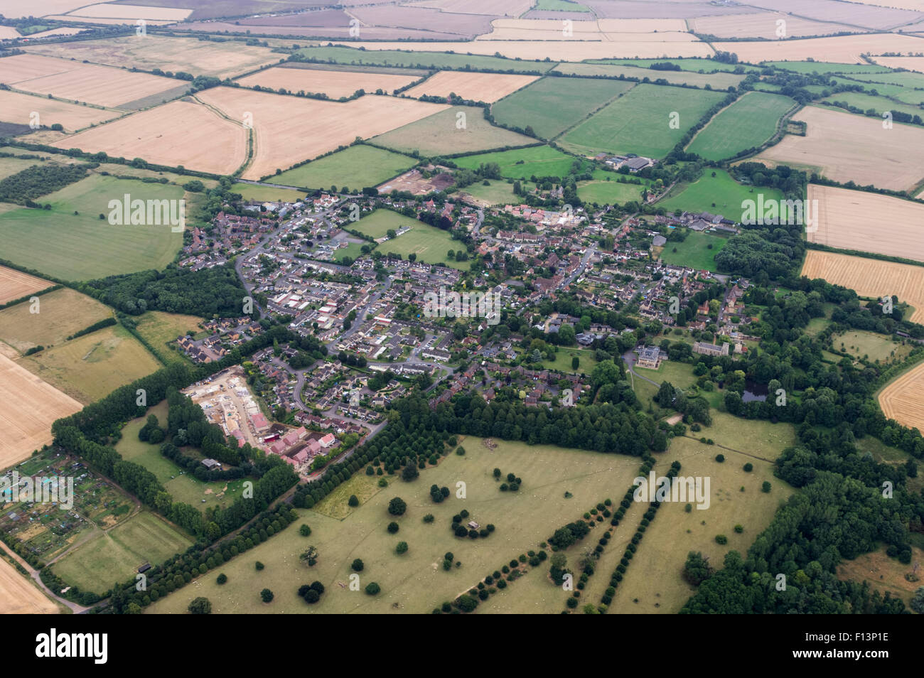 An aerial view of the village of Marcham in Oxfordshire UK taken from a ...