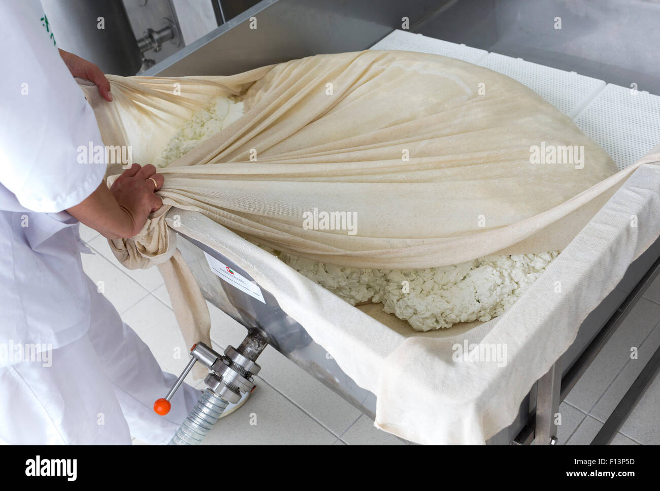 A woman working in a small family creamery is processing the final ...