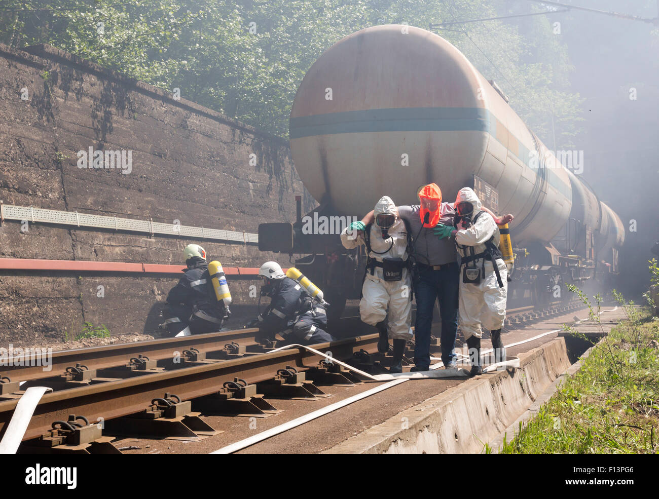 Sofia, Bulgaria - May 19, 2015: A team working with toxic acids and ...
