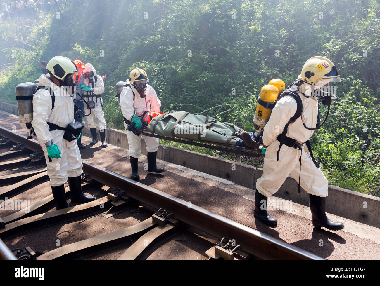 Sofia, Bulgaria - May 19, 2015: A team working with toxic acids and ...