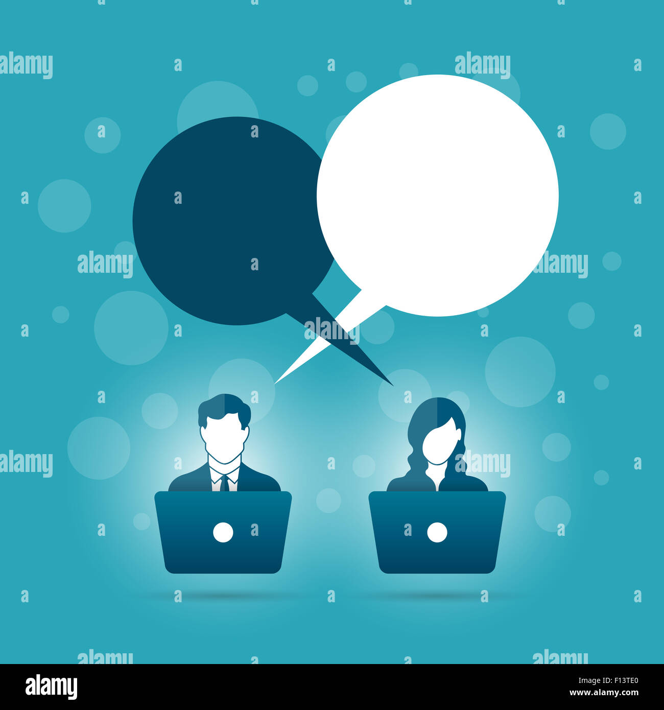 Vector illustration of abstract male and female using laptop with talk ...