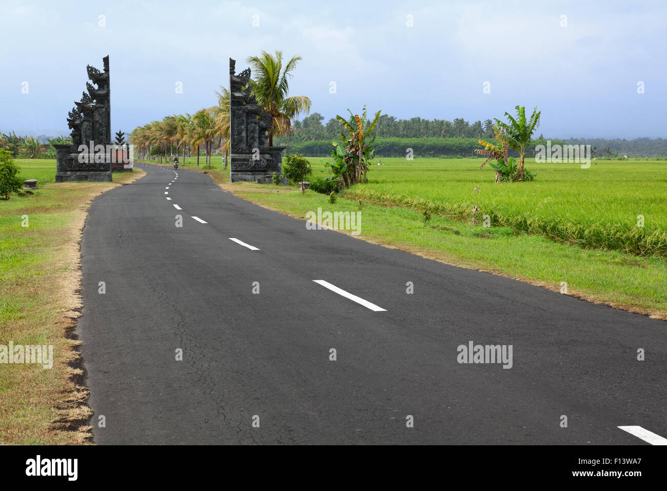 Road through traditional Balinese split gate Chandi Bentar in the rice ...