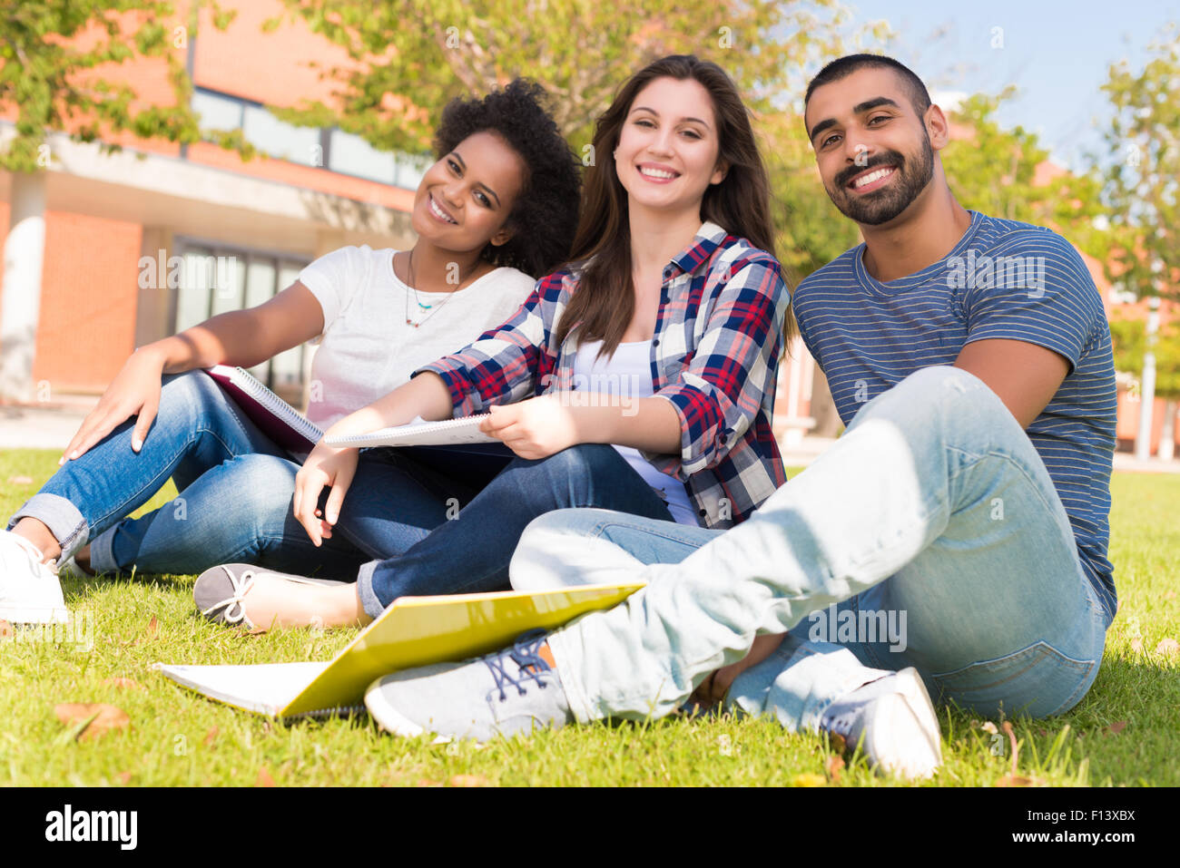 Students sitting on the grass at School Campus Stock Photo - Alamy