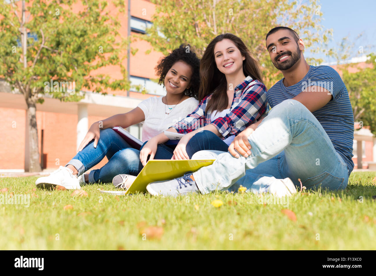 Students sitting on the grass at School Campus Stock Photo - Alamy