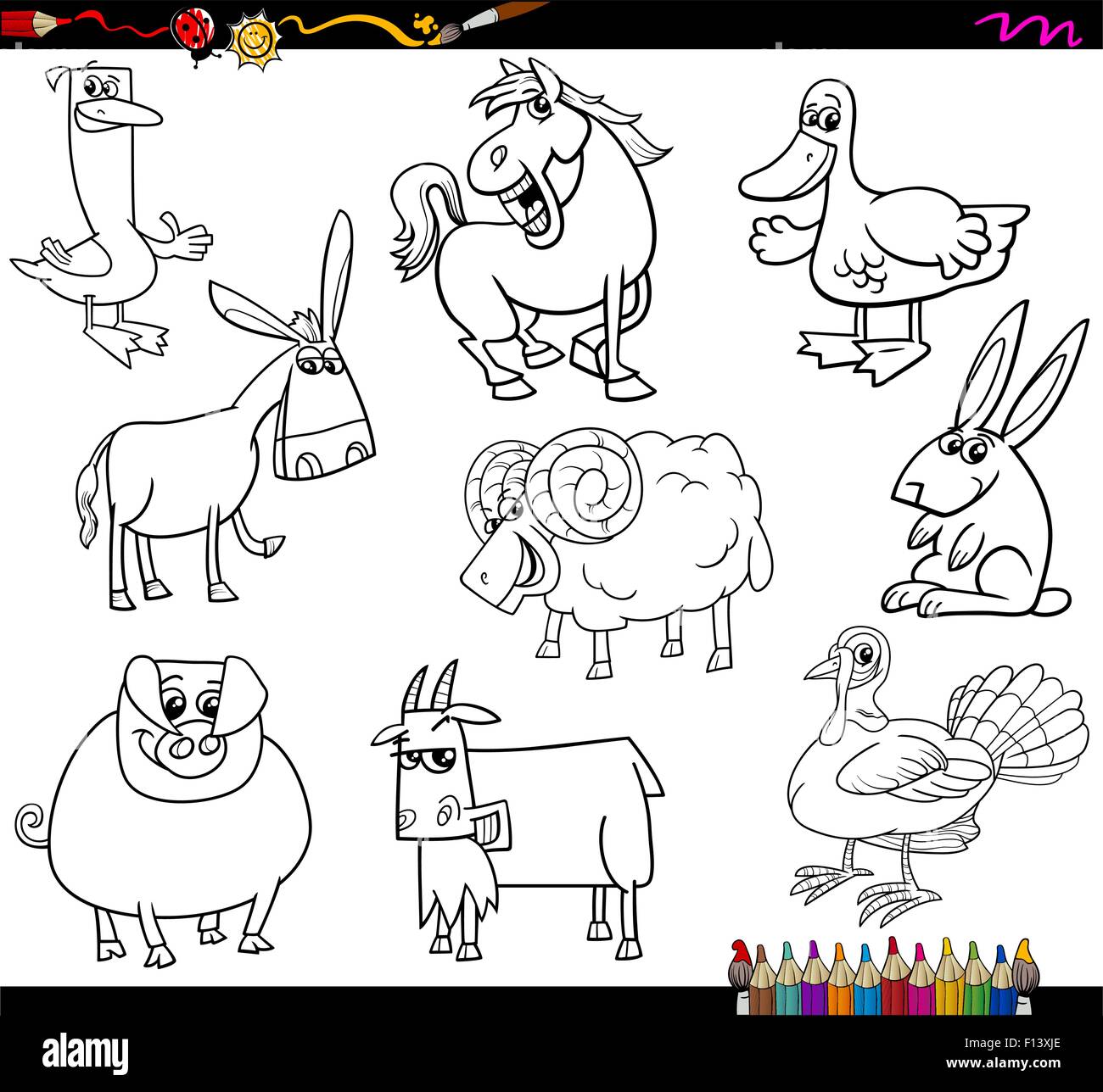 Coloring Book Cartoon Illustration Collection of Farm Animals ...