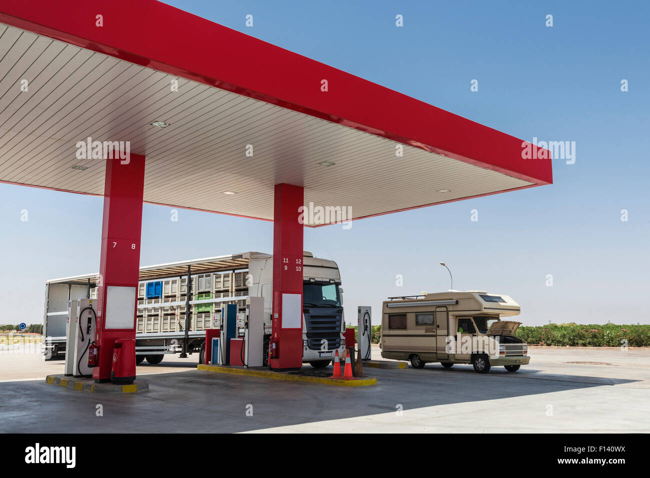 Gas station with a motorhome and a truck parked in Spain Stock Photo ...