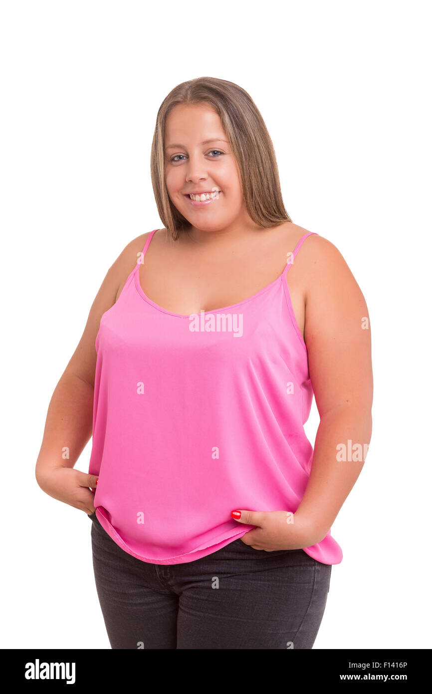 Happy overweighted woman posing isolated over white background Stock ...