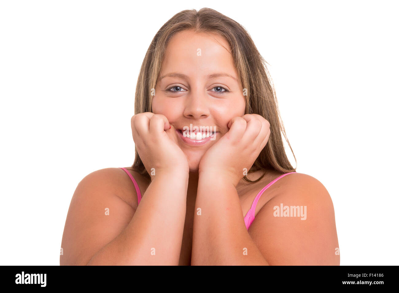 Happy overweighted woman posing isolated over white background Stock ...