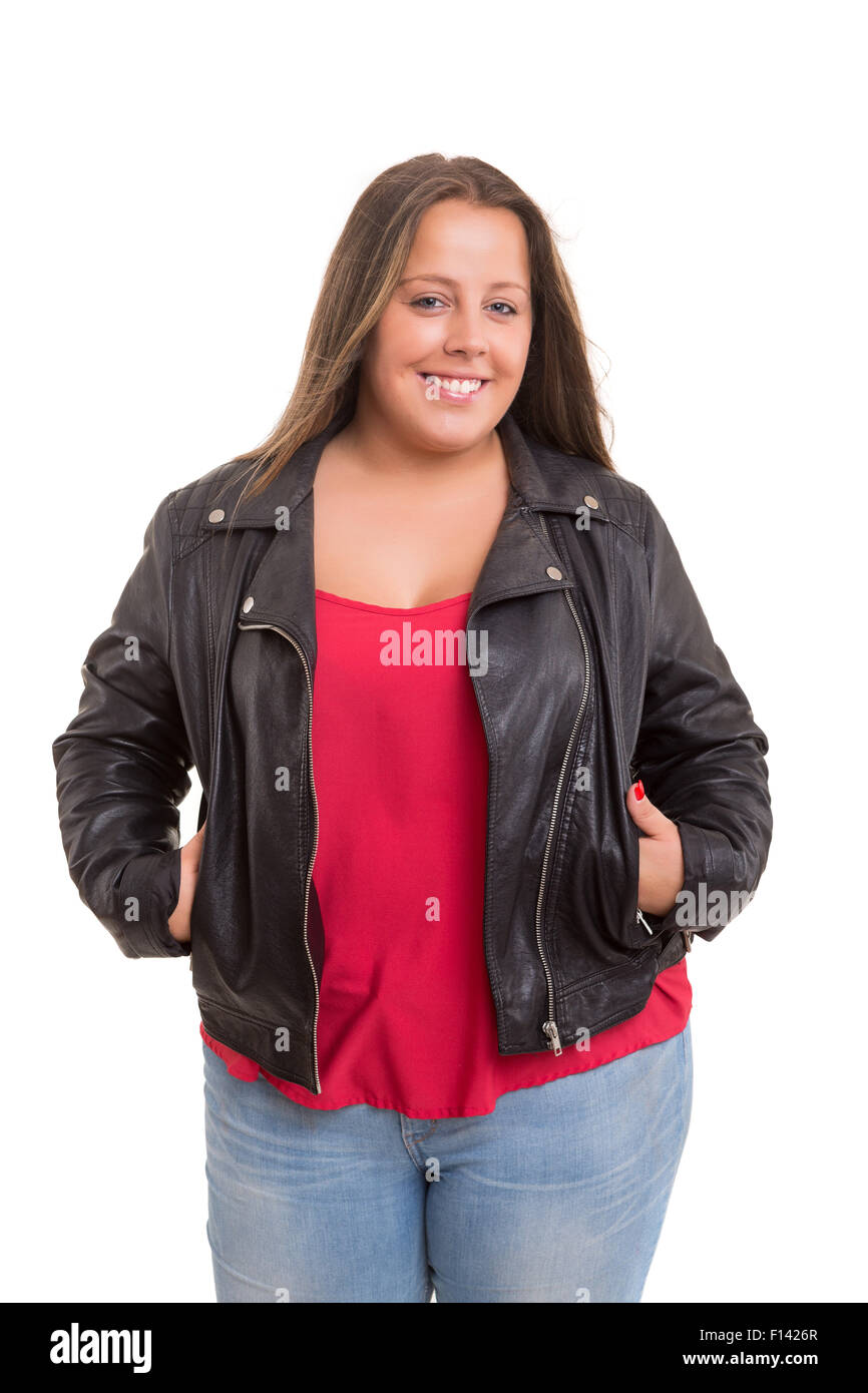 Happy overweighted woman posing isolated over white background Stock ...