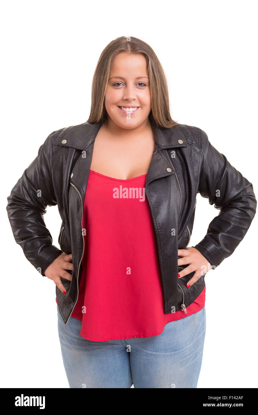 Happy overweighted woman posing isolated over white background Stock ...