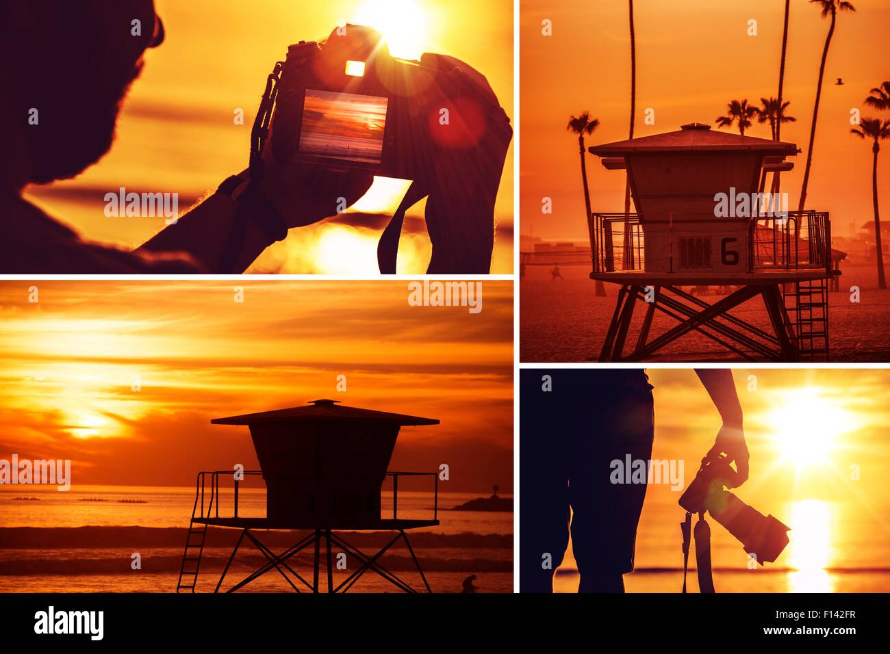 Beach Sunset Photography Collage. Young Photographer with Camera Taking ...