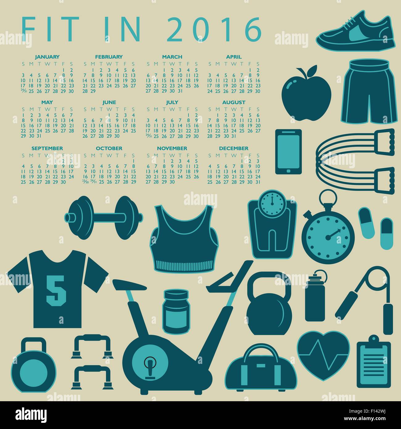 Fit in 2016 creative colorful calendar with fitness icons Stock Vector ...