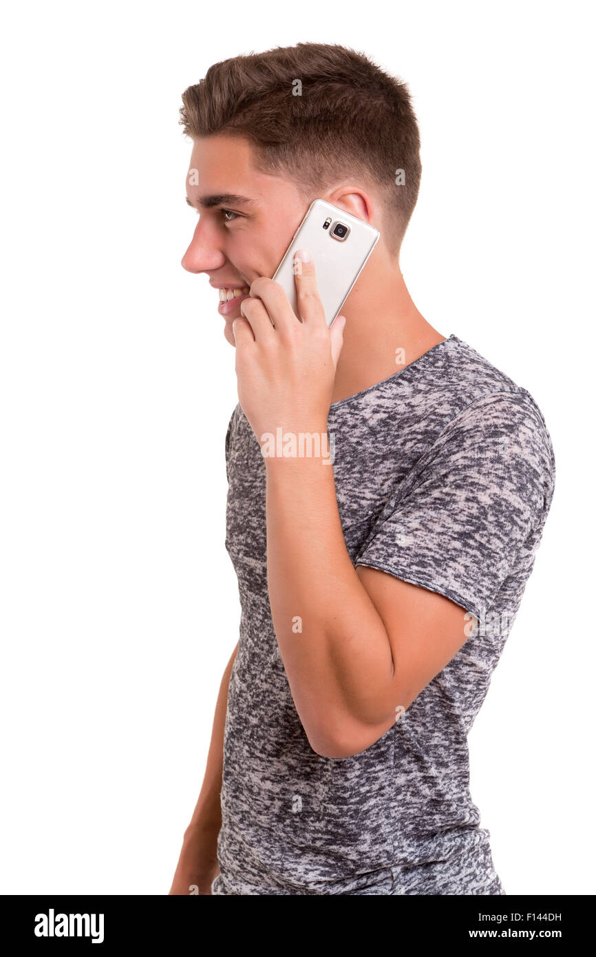 Young Boy at the phone, isolated over white Stock Photo - Alamy