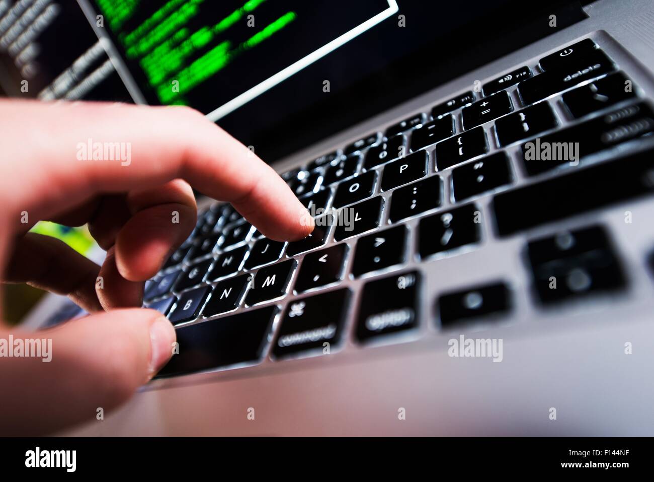 Computer Works. Hand on Laptop Keyboard Closeup. Computer Technologies ...