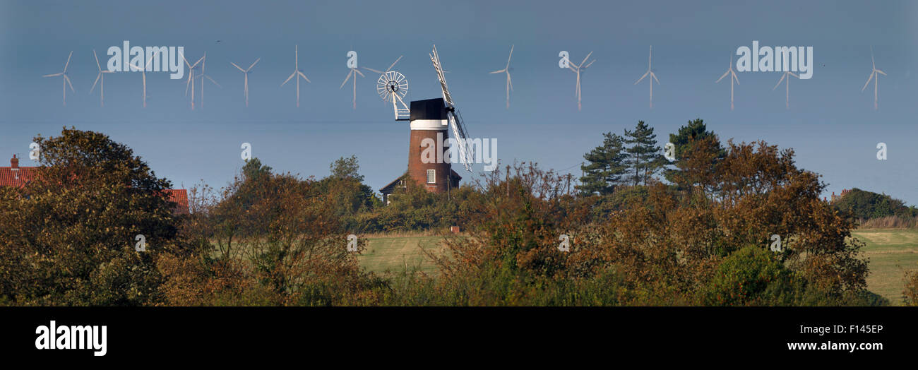 Windmill and North Sea wind farm, Weybourne, Norfolk, UK, October 2013 ...