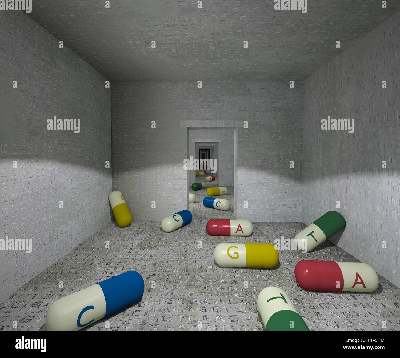 Giant pills colour coded and marked with the four bases of DNA lying in ...