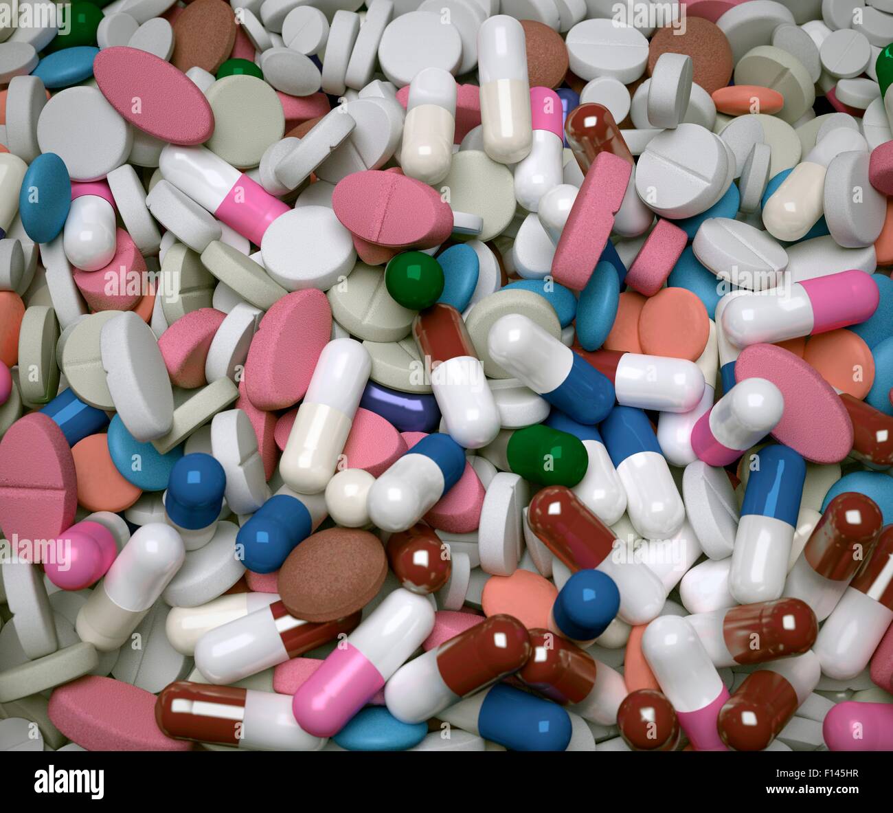 Hundreds of jumbled up medical tablets. Photorealistic computer ...