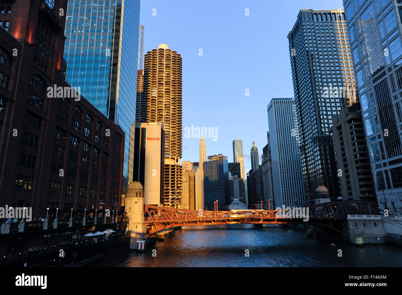 Buildings along the Chicago River in downtown Chicago, Illinois. The ...