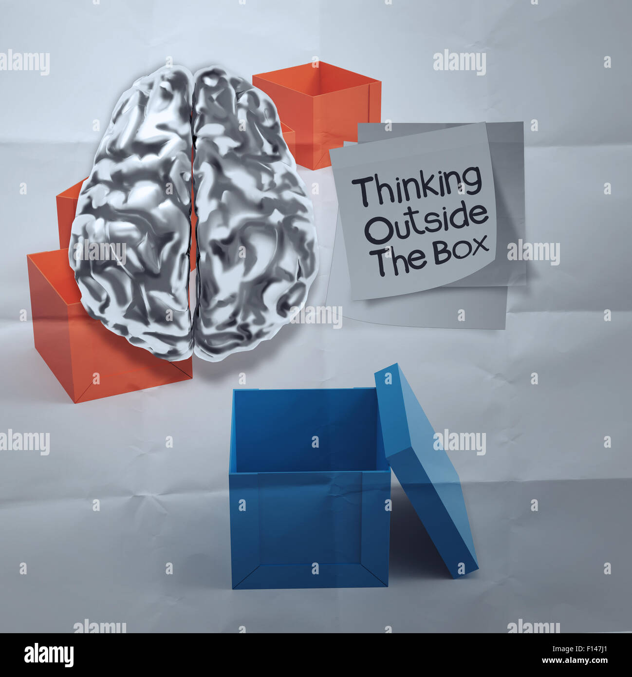 3d brain and thinking outside the box on crumpled sticky note paper as ...