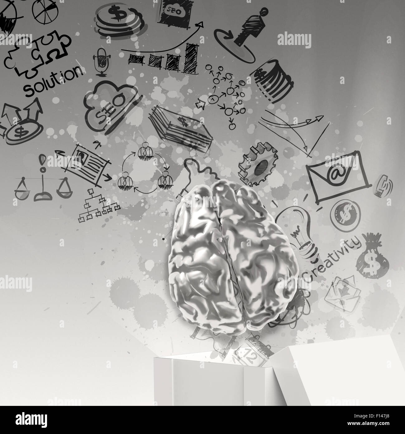 3d metal brain with thinking outside of the box as concept Stock Photo ...