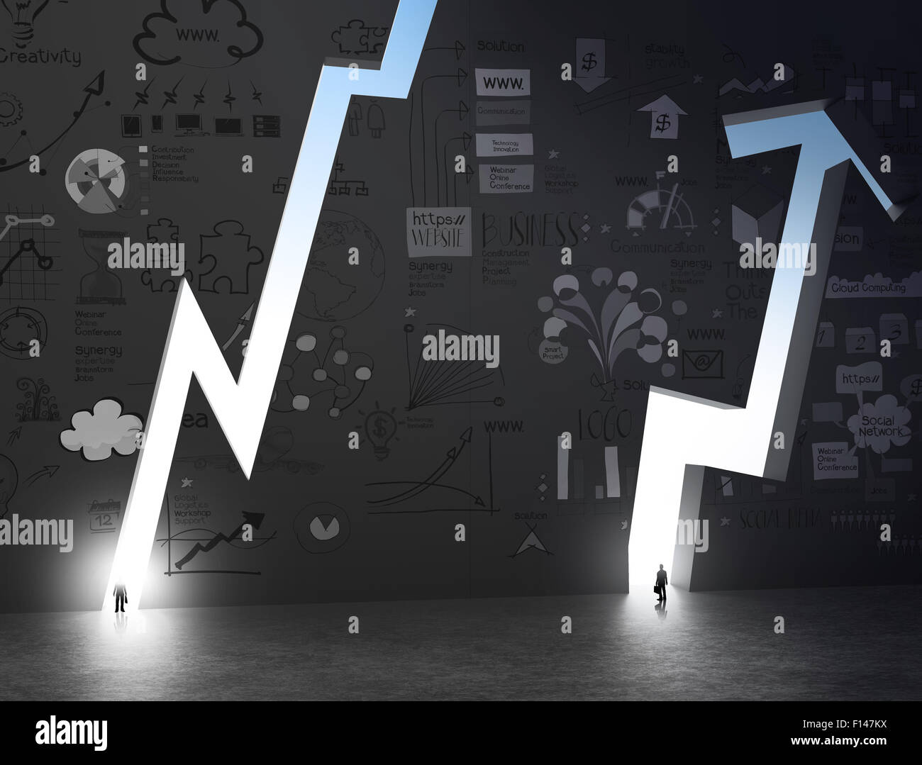 businessman looking at opened concrete wall in form of business graph ...