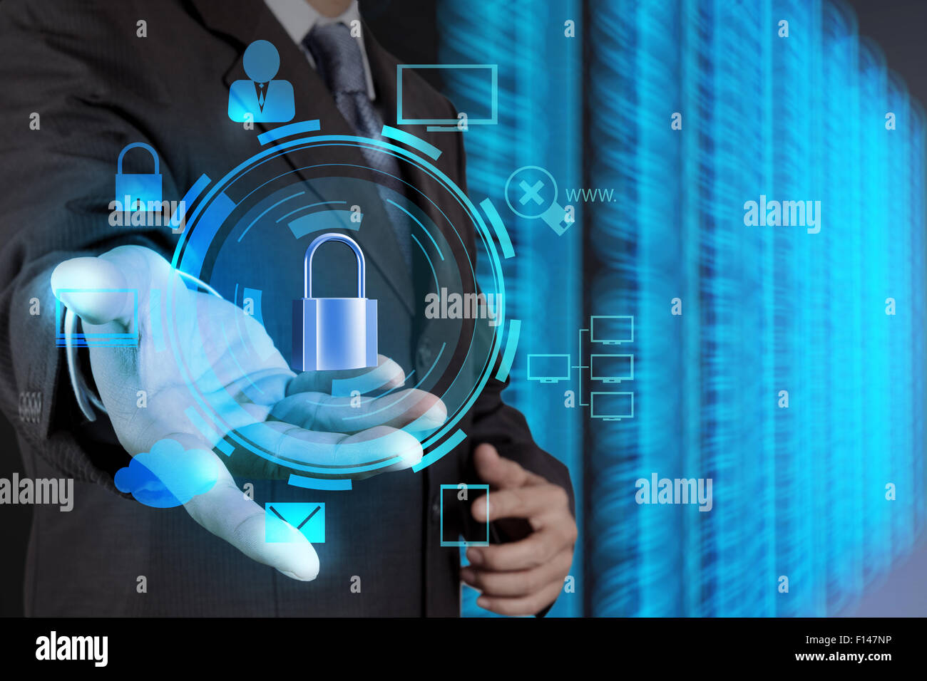 businessman hand showing 3d padlock on touch screen computer as ...