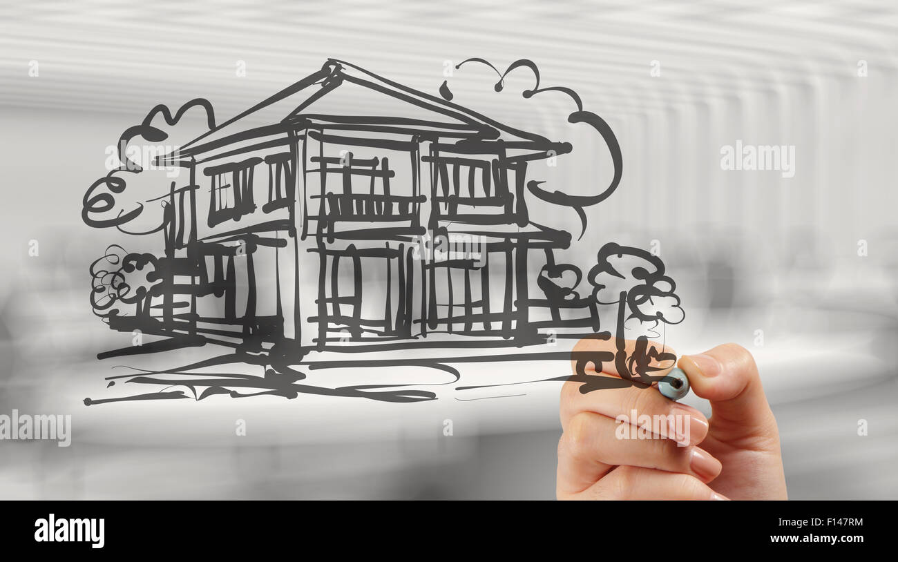 businessman hand drawing house in a whiteboard Stock Photo - Alamy