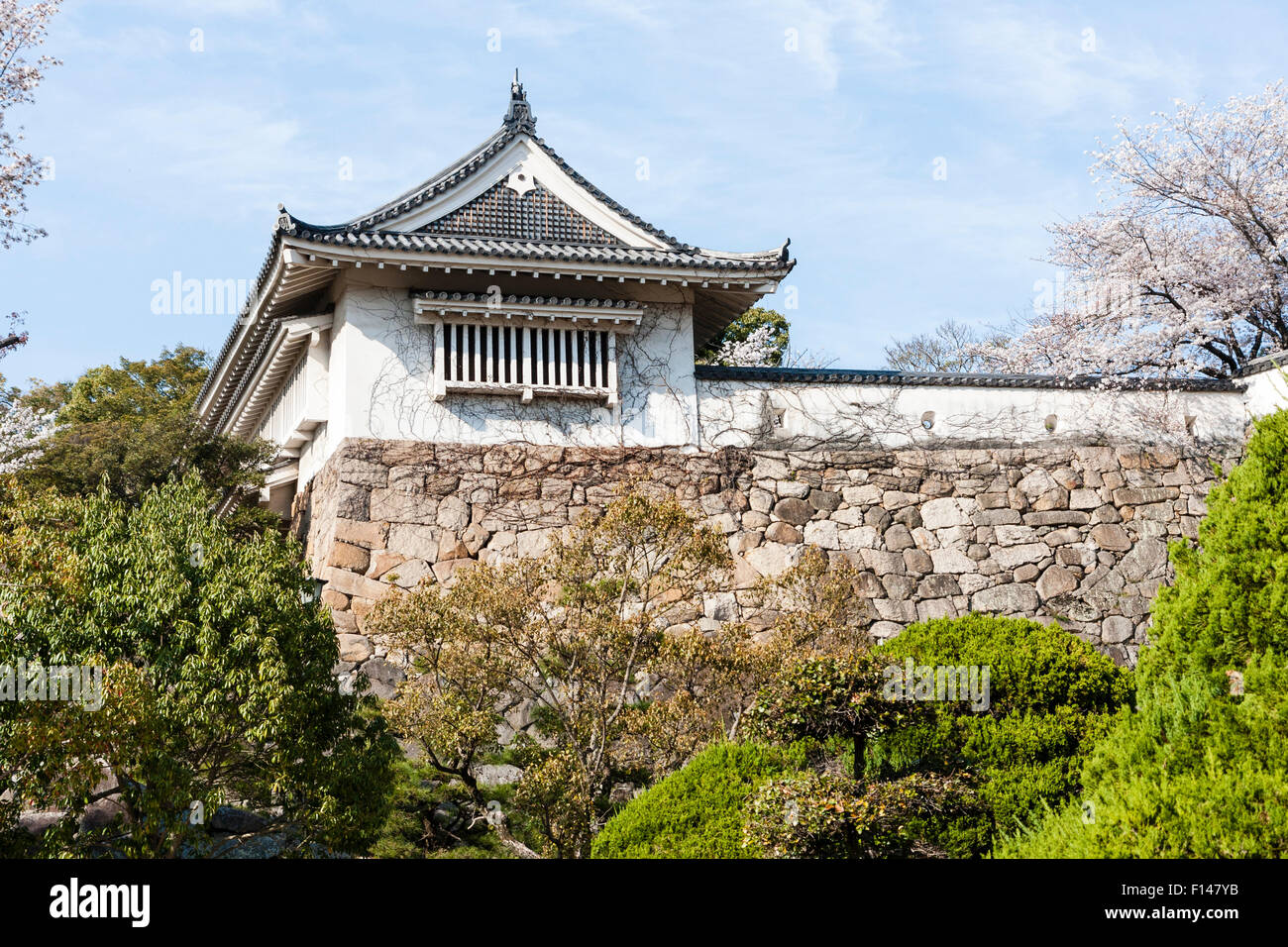 Steep Ishigaki stone walls with end of the turret part of the yaguramon ...