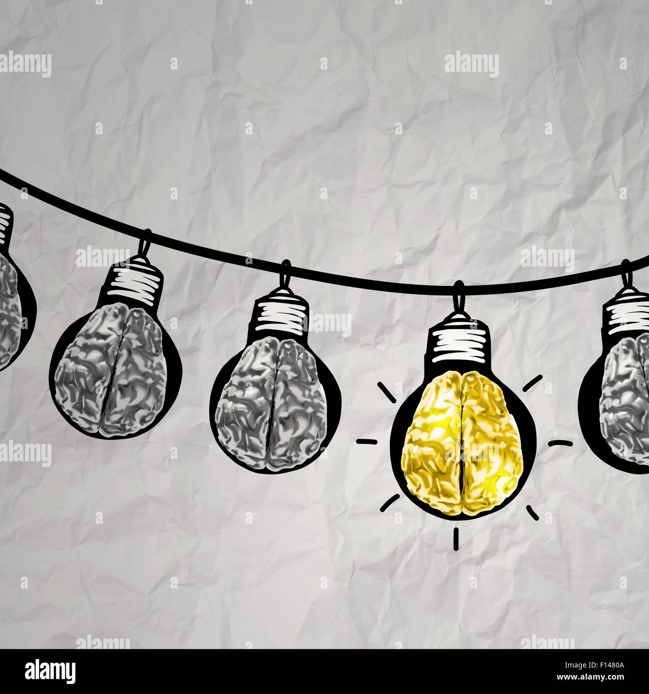 hand drawn light bulb on wire doodle with 3d metal brain as leadership ...