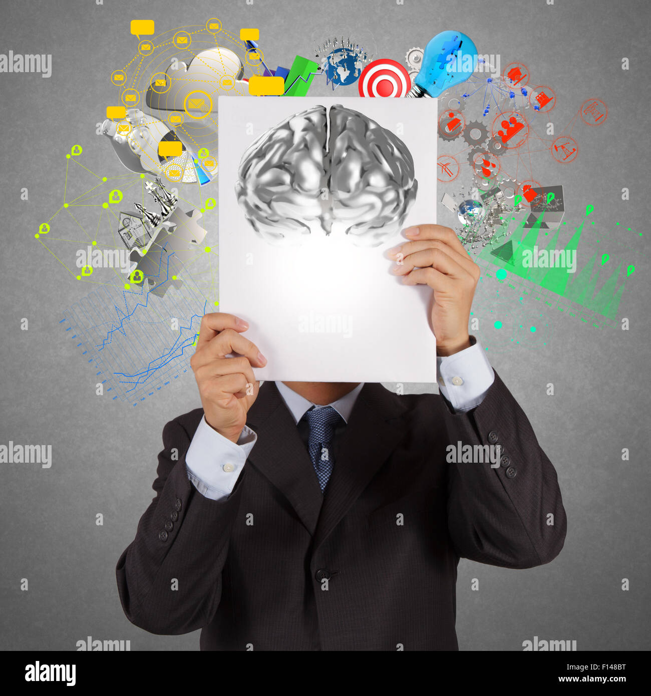 businessman hand show book of 3d metal brain as concept Stock Photo - Alamy