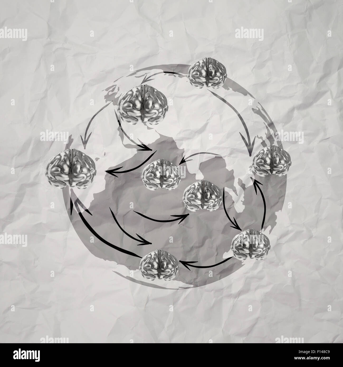 3d metal brain as social network structure on wrinkled paper creative ...