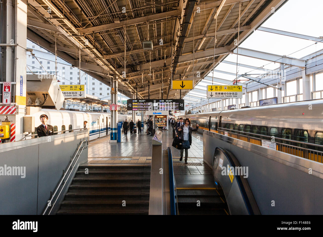 Shin Okayama station in Japan. View along the platform with a ...